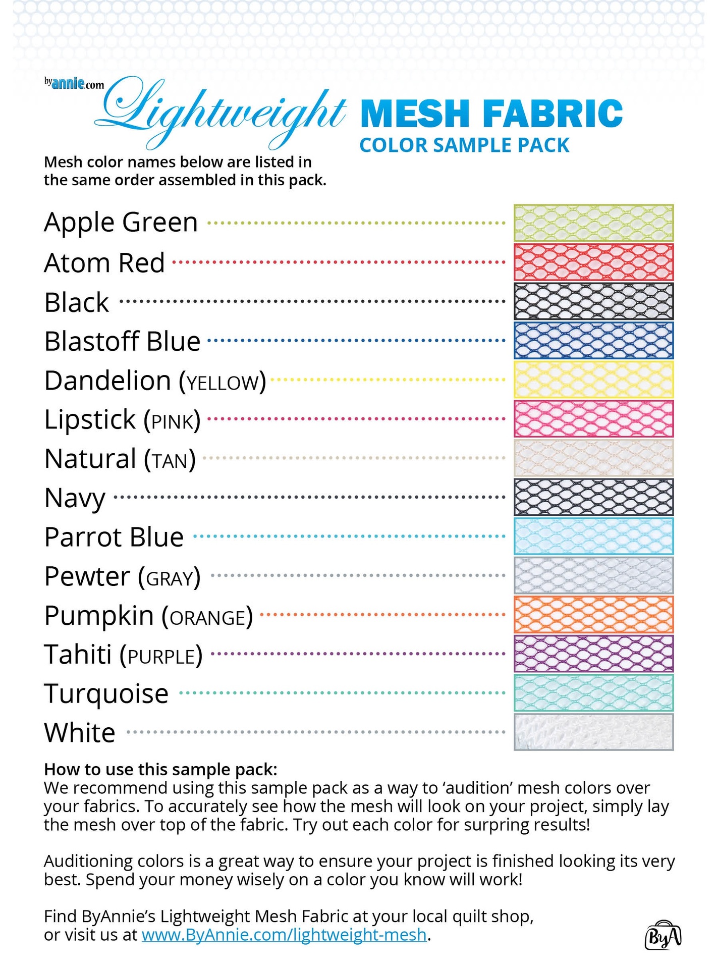 Mesh Fabric - Color Sample Pack | ByAnnie.com